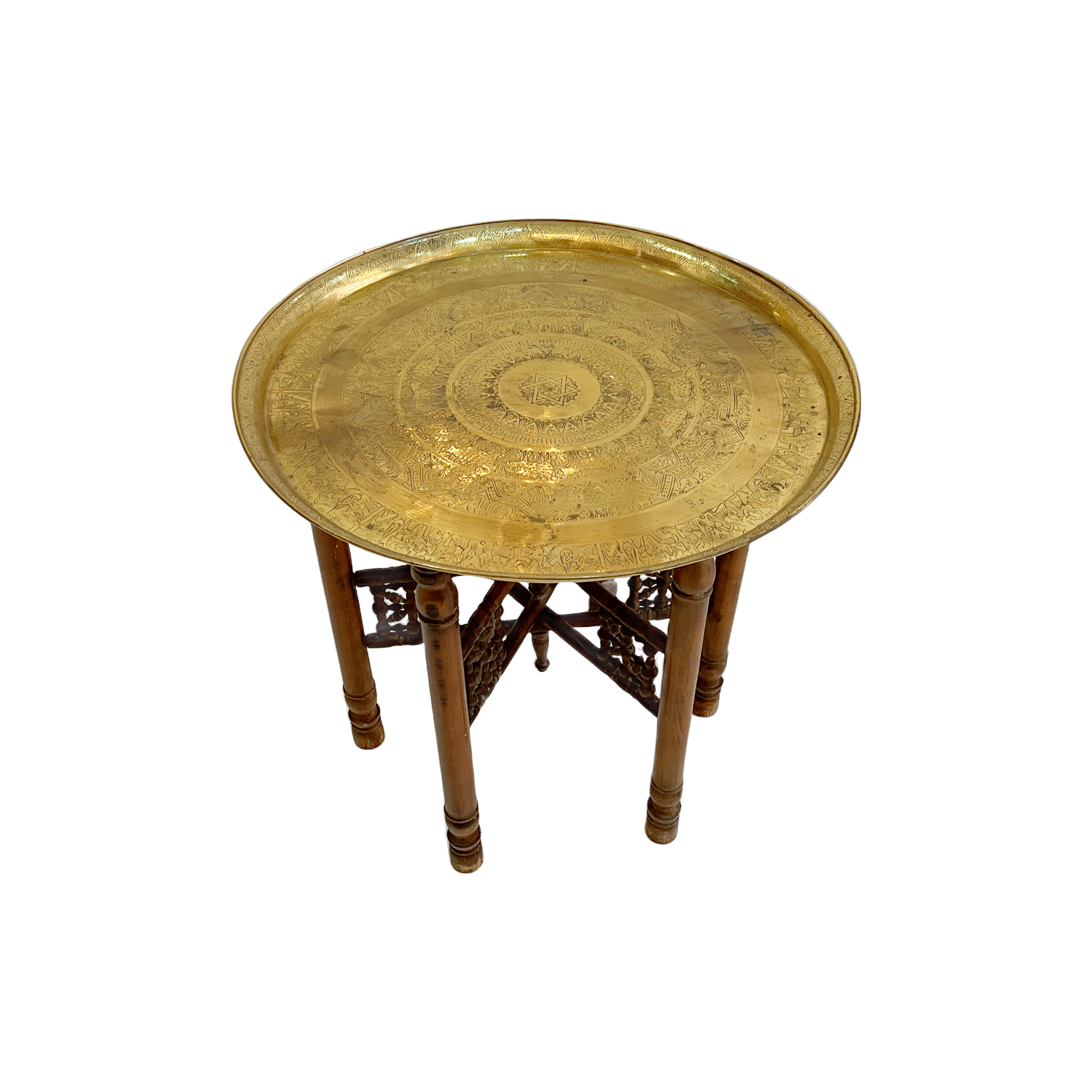 Moroccan Tray Table Engraved Brass Tray Tabletop With Folding Wood